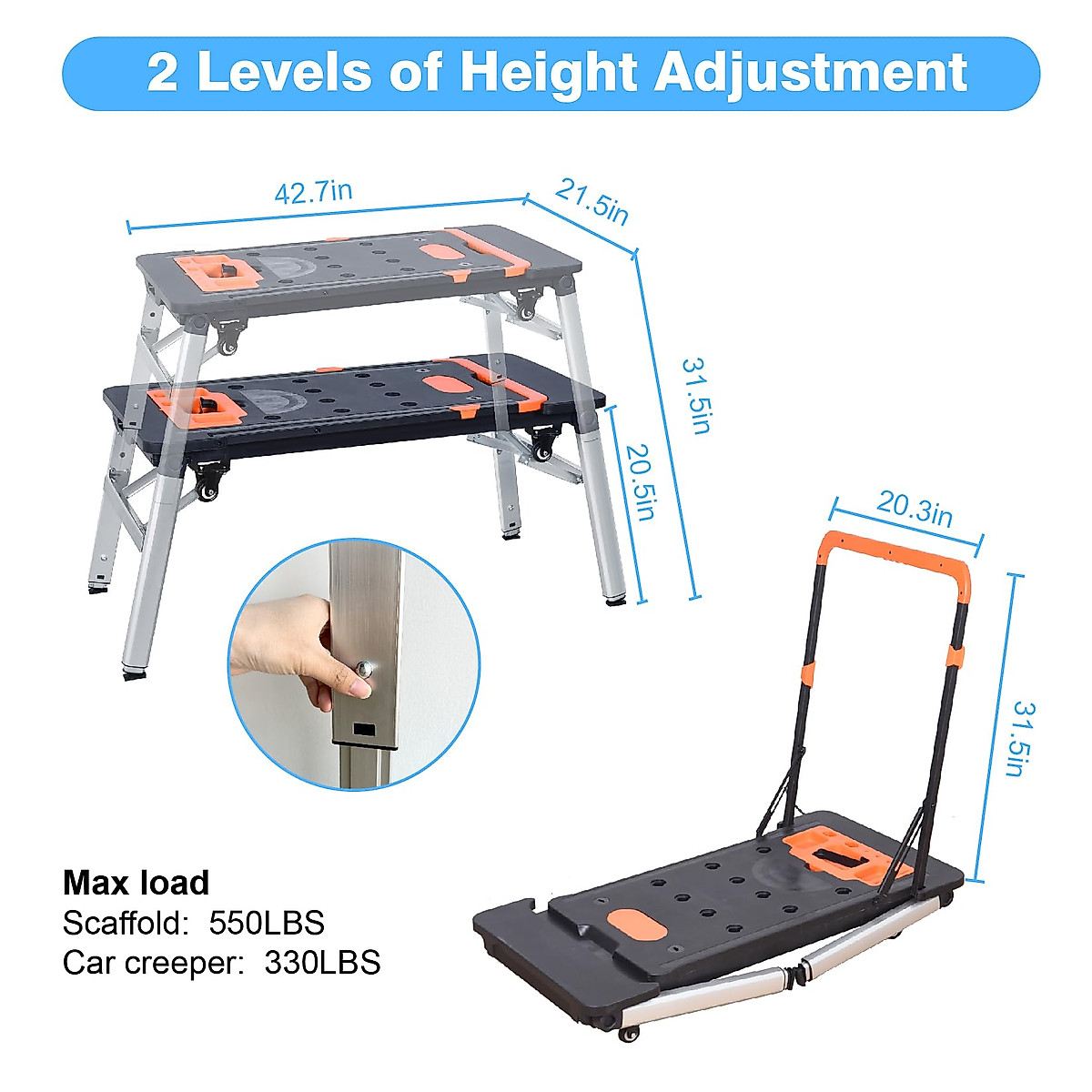 LEADALLWAY 7-in-1 Folding Portable Workbench Painted Work Table as Workbench, Scaffold,Platform,Sawhorse,Car Creeper and Hand Truck with 4 Wheels, Black