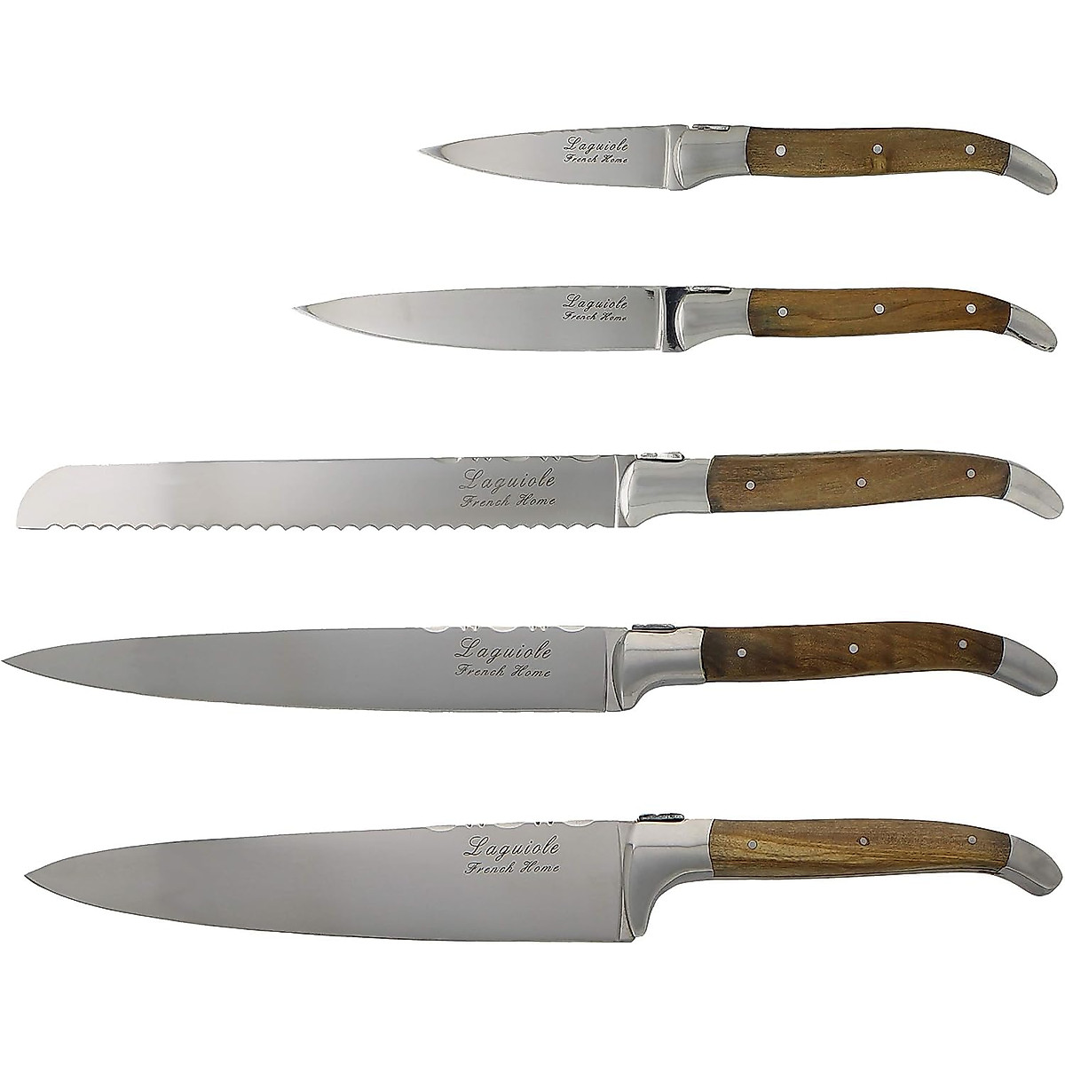 French Home Laguiole Connoisseur Olivewood 5 Piece Kitchen Knife Set plus Magnetic Display.