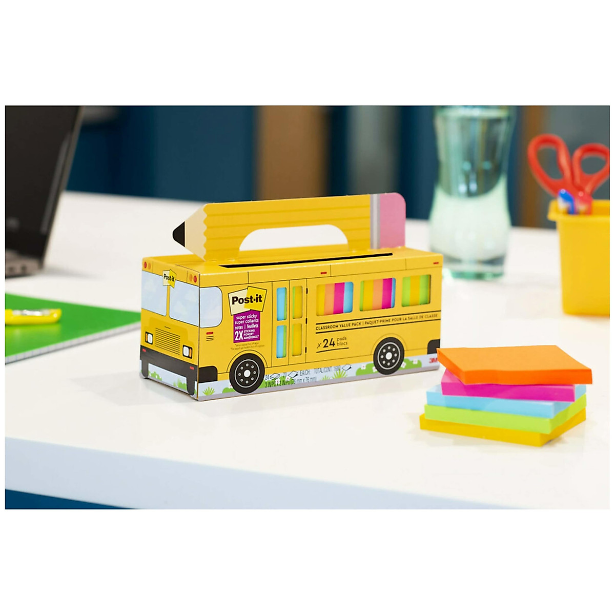 Post-it Super Sticky Notes Value Pack, 24 Pads, Convenient School Bus Carry and Storage Case, 2X The Sticking Power, 3x3 in, Bright Colors (Orange, Pink, Blue, Green, Yellow), Recyclable (654-24SSBUS)