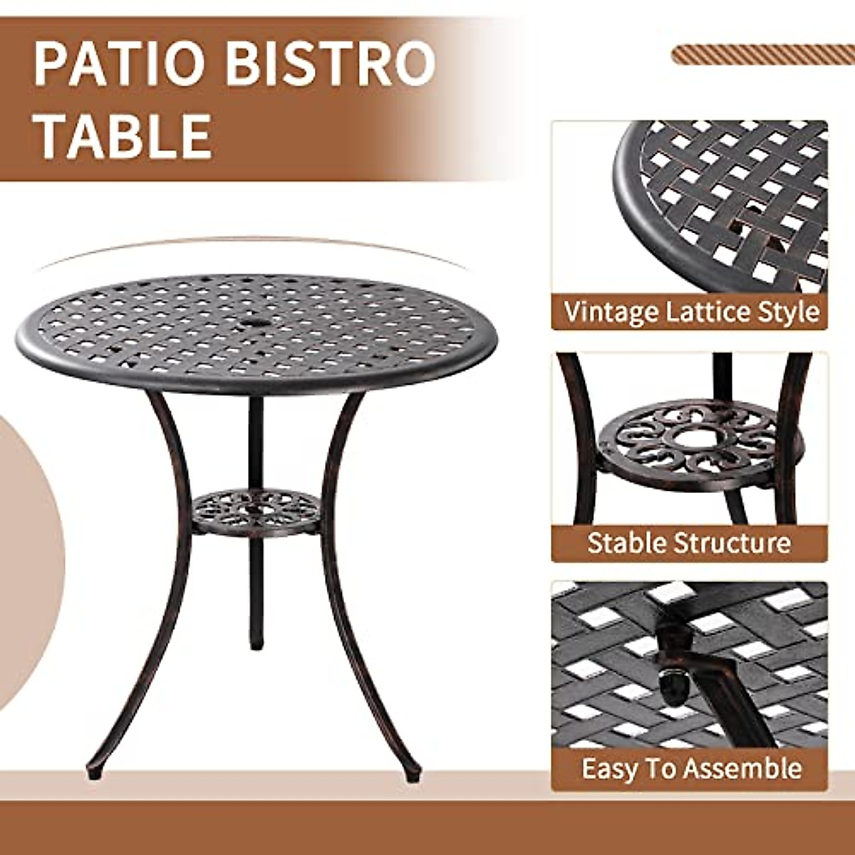 Withniture Patio Bistro Set 3 Piece Outdoor Cast Aluminum Bistro Set,Aluminum Table and Chairs Set with Umbrella Hole,All Weather Outdoor Bistro Set for Front Proch Set Garden Bistro Sets (Bronze)