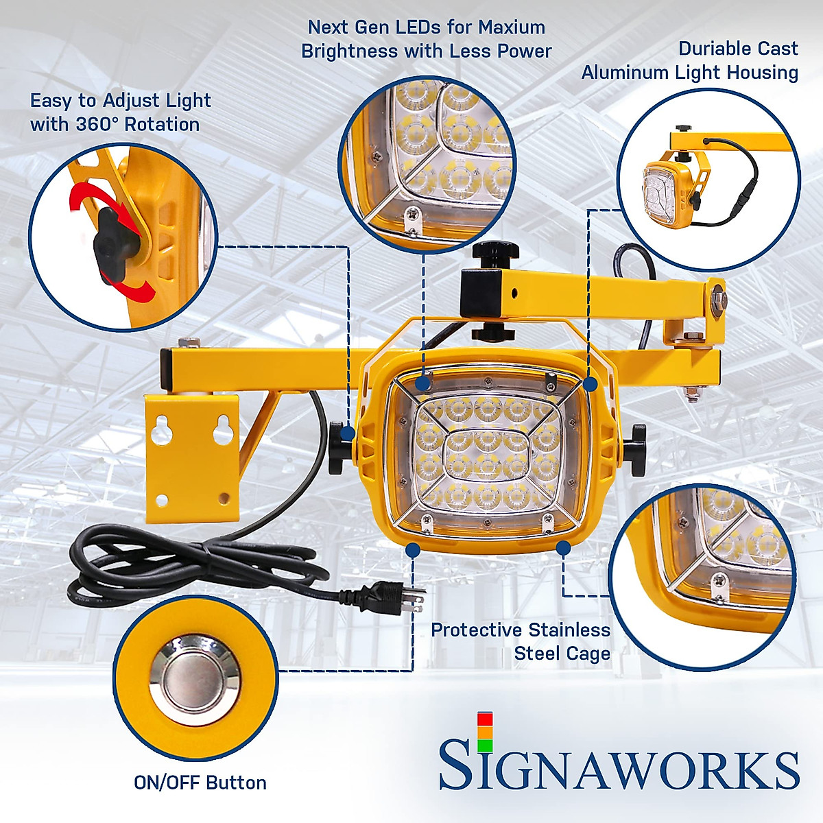 Signaworks LED Dock Bay Swivel Arm Light (50W, 5500LM), Brighten Trailers & Shipping Trailers, Industrial Aluminum Housing, 5ft Power Cord