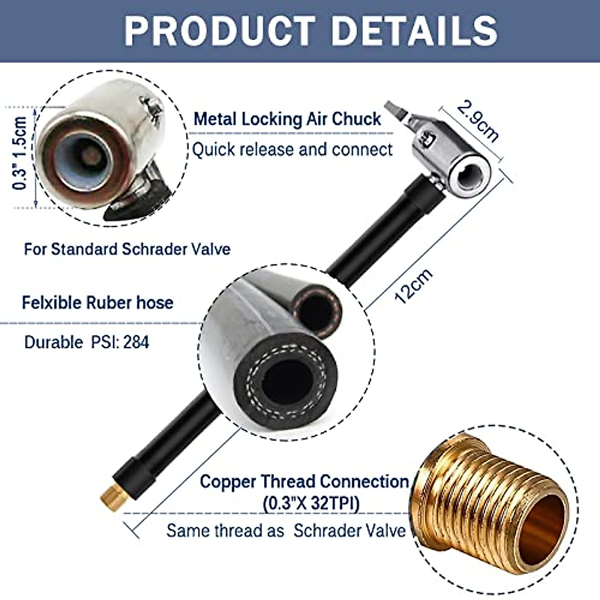 2PCs Air Inflator Hose Adapter Convert Twist On Connection to Lock On Connection, Locking Air Chuck with Air Hose and Standard Tire Valve Fine Thread