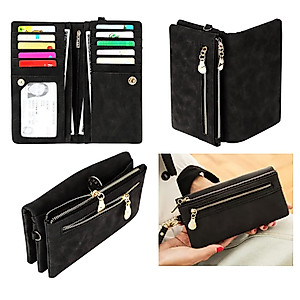 Soft Leather Long Wallet Wristlet with hand Strap Clutch Bag for Women Card holder Phone Bag (Black)