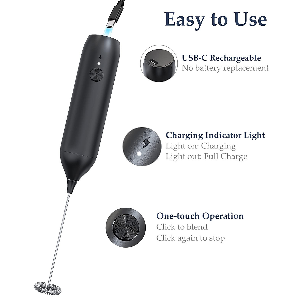 COKUNST Electric Milk Frother Handheld Rechargeable USB C, Powerful Milk Frother with Stand, Mini Drink Mixer Electric Handheld, Durable Whisk Coffee Milk Frother for Cappuccino, Latte, Hot Chocolate