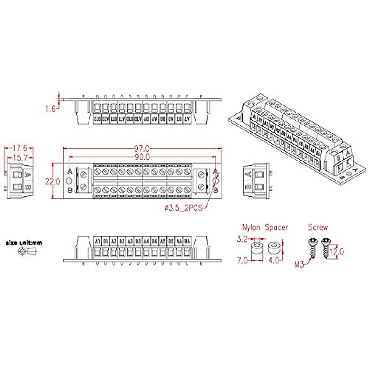 OONO 16 Amp 2x12 Position Terminal Block Distribution Module for AC DC