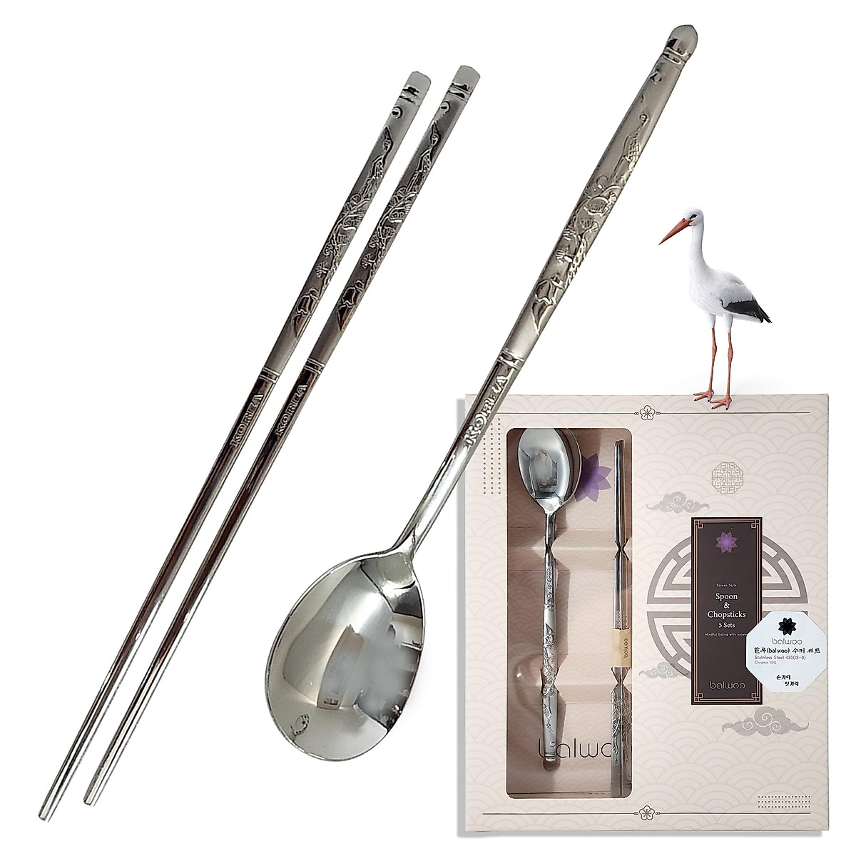 Balwoo [5 Sets][Made in Korea] Sticky Korean Style Rice Spoon Chopsticks Set 430 Stainless Steel Soup Spoon Ramen Noodle Chopsticks Flatware (Crane)