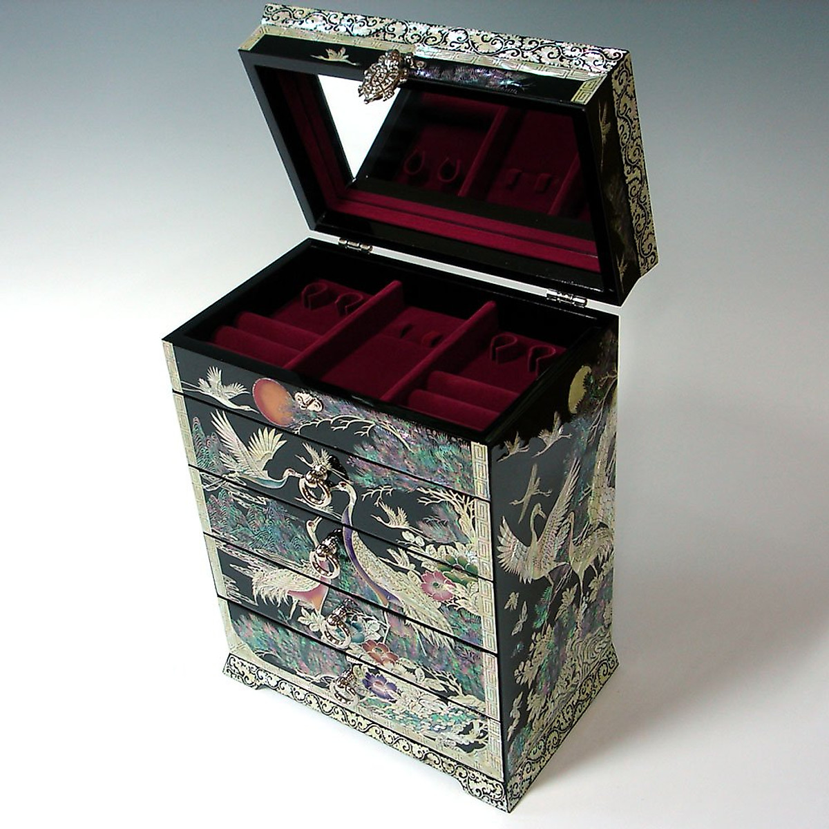 Antique Alive Mother of Pearl Inlay Design Jewelry Box, Wood Jewelry Box, Trinket Case, Keepsake Treasure Chest Box Organizer Holder (Pine Black)