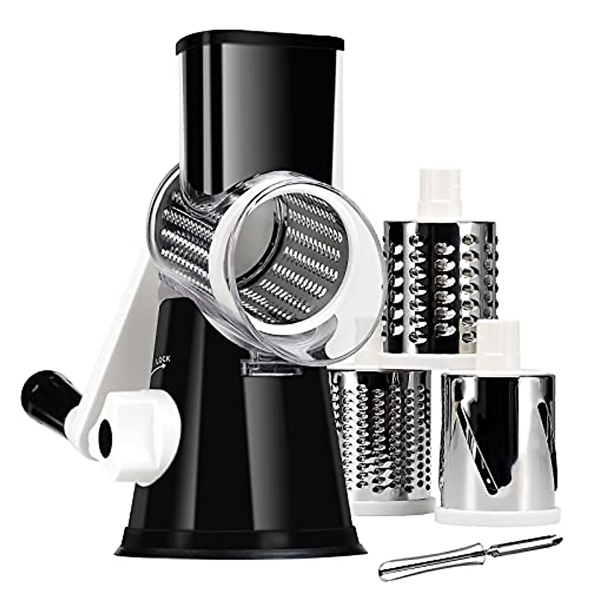 Rotary Cheese Grater with Handle - Vegetable Slicer Shredder Grater for Kitchen 3 Interchangeable Blades with a Stainless Steel peeler