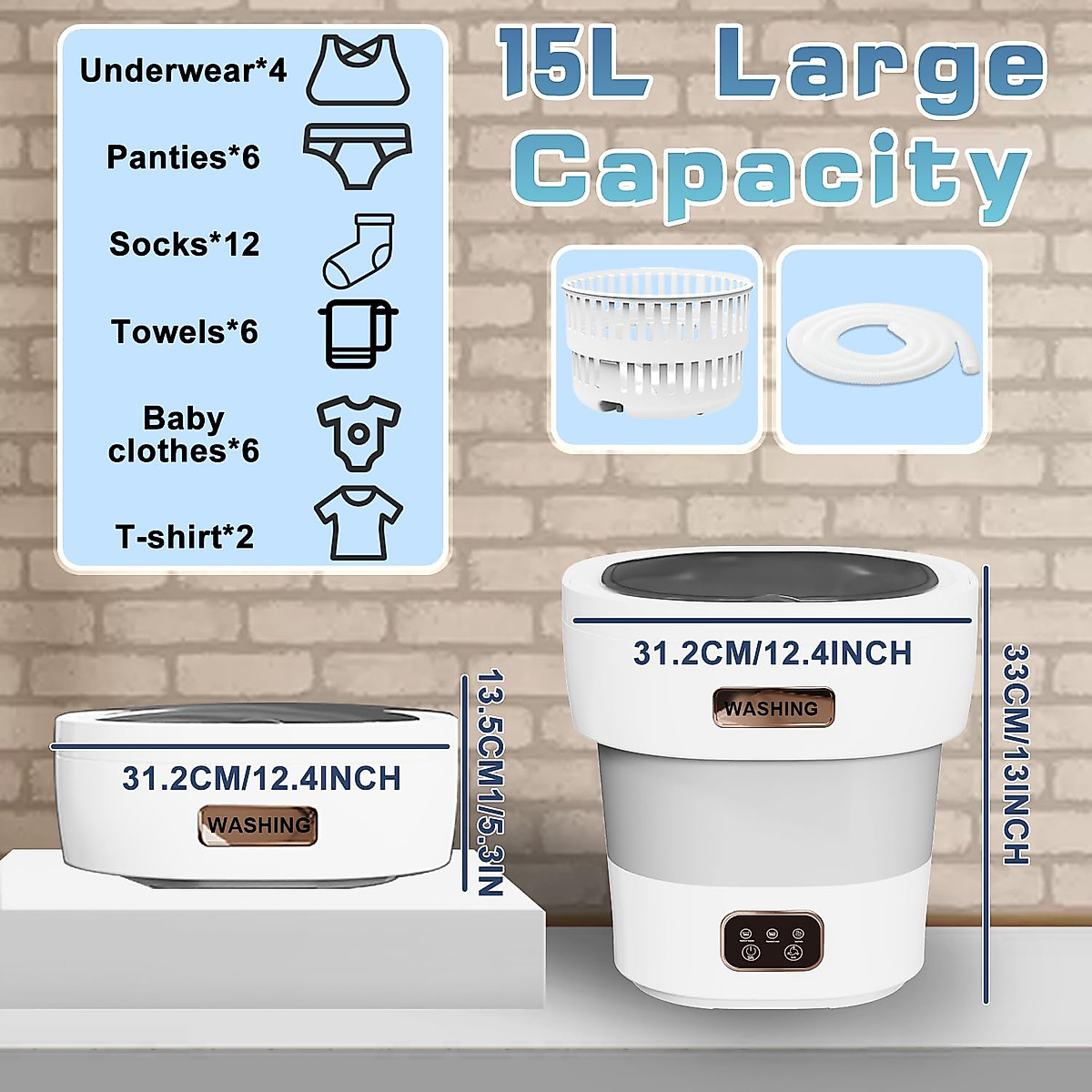 Portable Mini Washing Machine, 15L Collapsible Washer Machine, Foldable Underwear Washing Machine with Spin, Small Portable Washer and Dryer Combo for Apartments, Camping, Travel. (Grey)