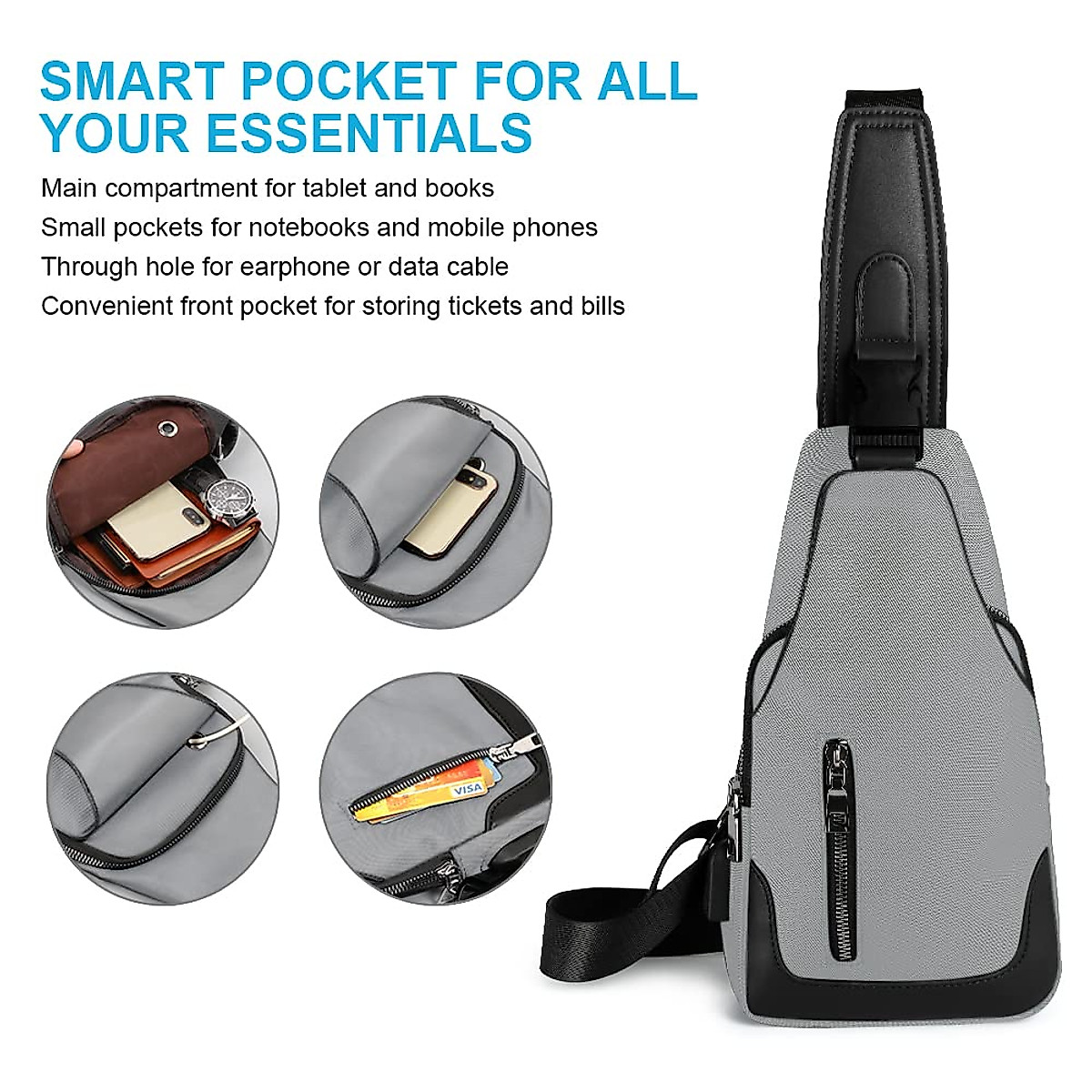 Aucuu Sling Backpack with USB Charging Port, Chest Bag Crossbody Daypack Shoulder Bag for Men, Hiking, Cycling, Travel - Black