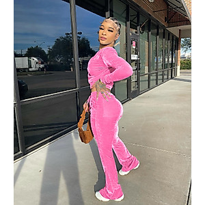 Yeshire Women's 2 Piece Outfits Velvet Sweatsuits Zip-up Hoodie Jacket Casual Jogging Set Tracksuit Set with Pockets Large Pink