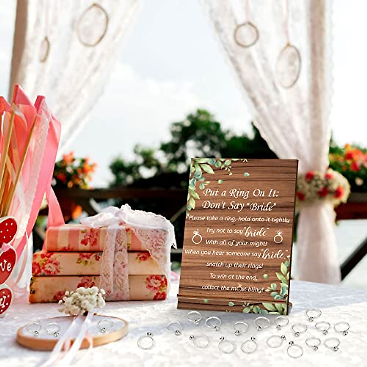 Put a Ring on It Bridal Shower Game with 100 Pcs Metal Fake Rings, Rustic Greenery Bridal Shower Favors Not Say Bride Rules Wedding Shower Games Wooden Bridal Shower Gifts for Guests (Silver)