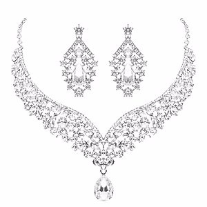 Hapibuy Crystal Bridal Wedding Necklace and Earrings Jewelry Set For Women and Brides
