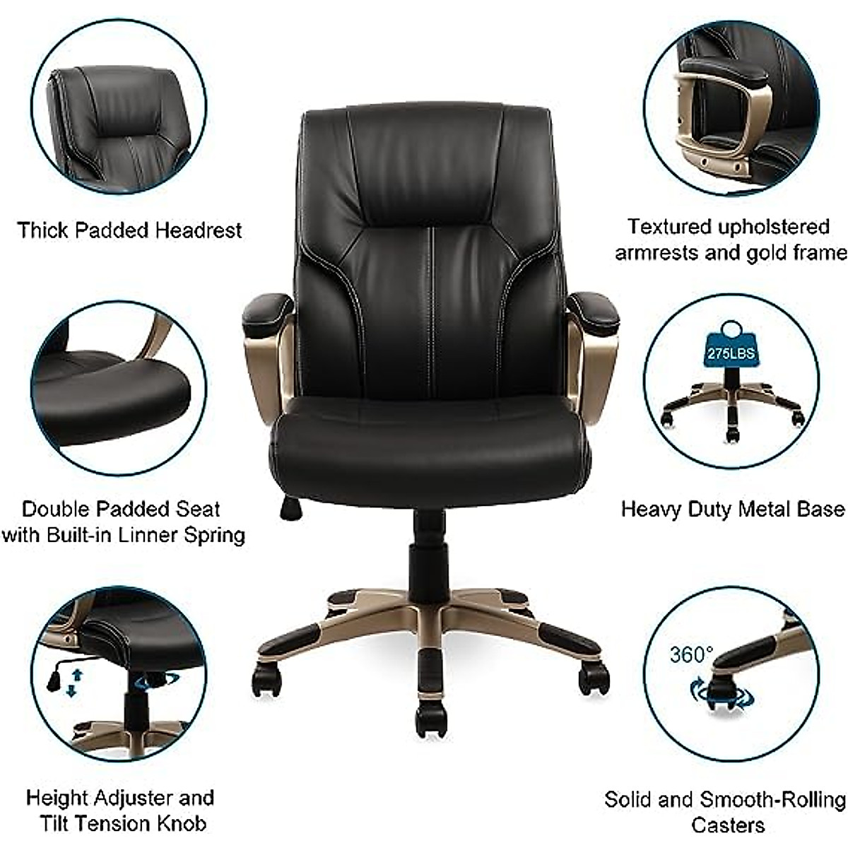 CLATINA Deluxe Executive Office Chair Enhanced Comfort with Padded Armrests, Ergonomic PU Leather Design, Nylon Lacquered Computer Desk Chair with Lumbar Support, Ideal for Home Office Black