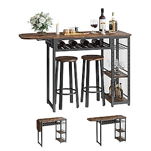 Bestier Bar Table and Chair Set, Expandable Dining Table with 2 Bar Stools, Industrial Kitchen Counter with Wine Rack & 3 Tier Adjustable Storage Shelves Rustic Brown