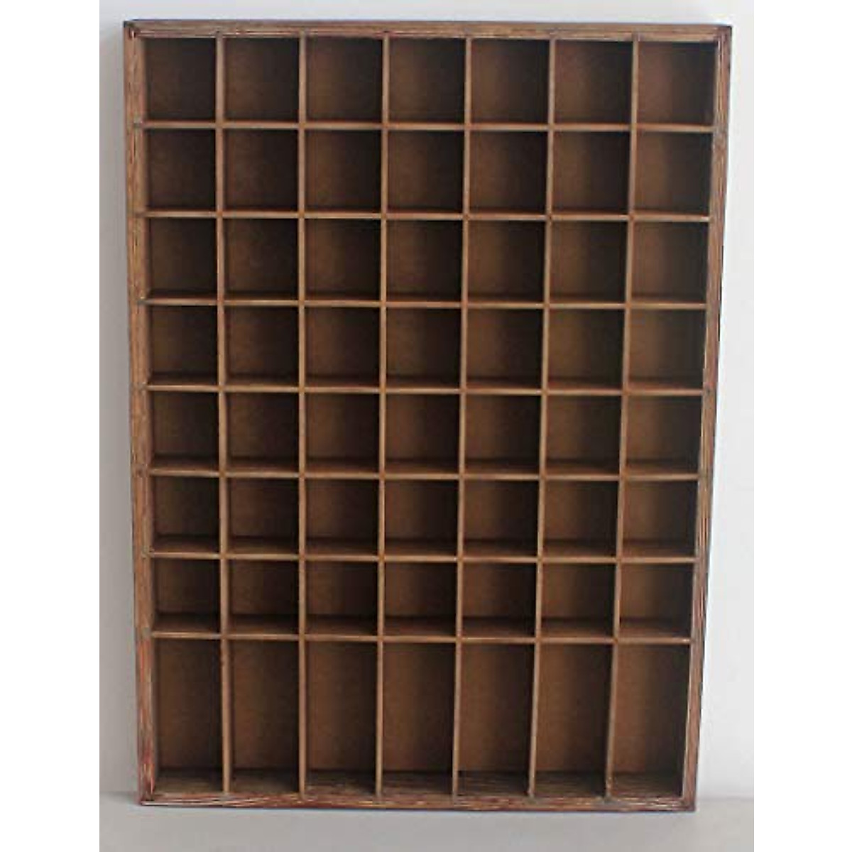 DisplayGifts Open Front Shot Glasses Display Case 56 Compartments Wall Mount Pint Glass Shadow Box Bar Collection or Small Items Display Shelving, No Cover on The Front, Rustic Brown Wood Frame