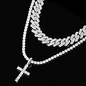 DLSIXNCO Cuban Link Chain for Men Women Cross Necklace for Men women Iced Chain Miami Cuban Link Chain Cross Pendant Diamond Chain for Men Boys Religious Jewelry Gift (Silver, 16"+18")