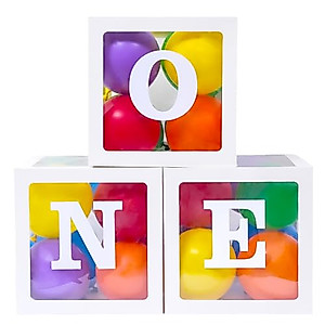RUBFAC One Boxes for 1st Birthday, First Birthday Decorations for Boy Girls, 3pcs Baby Shower Boxes with 24pcs Balloons ‘ONE’ ‘TWO’ Letters for Birthday Backdrop, Cake Smash Photo Props
