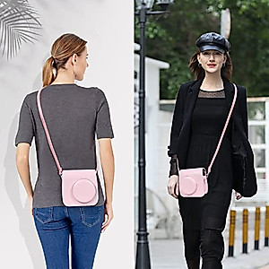MOSISO Camera Case Compatible with Fujifilm Instax Mini 7+ Instant Camera, PU Leather Protective Case Cover Carrying Storage Bag with Adjustable Shoulder Strap, Pink