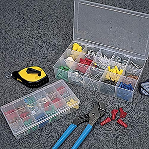 Akro-Mils 96352B Plastic Portable Parts Storage Box for Hardware and Crafts with Hinged Lid and 4 Fixed Dividers, (11-Inch x 6-3/8-Inch x 2-1/2-Inch), Medium, Clear, Large - 15 Compartments
