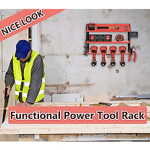 Luffioner Drill Storage Rack，Power Tool Organizer Drill Holder Wall Mount， Drill Organizer for Garage, Workshop,Drill Bit Storage Shlef, Holds 4 Drills with Screws Box (Red)