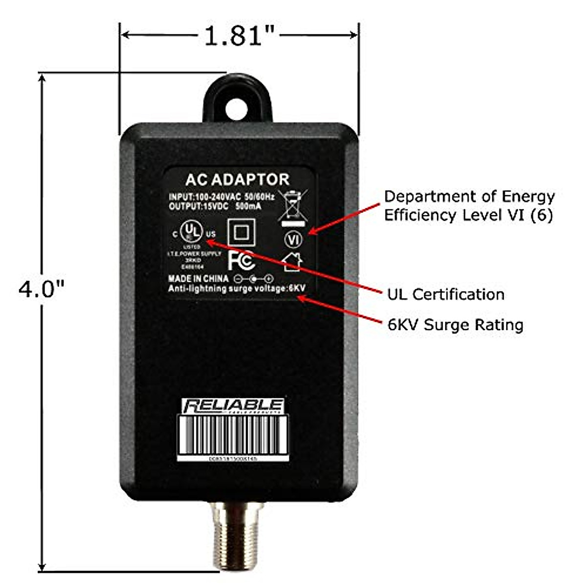 Reliable Cable Power Supply, High Efficiency OEM Replacement Wall Mount Adapter for CATV Drop Amplifiers 15V 500mA (0.5A) with F-Type Connection, DoE Level VI Rated