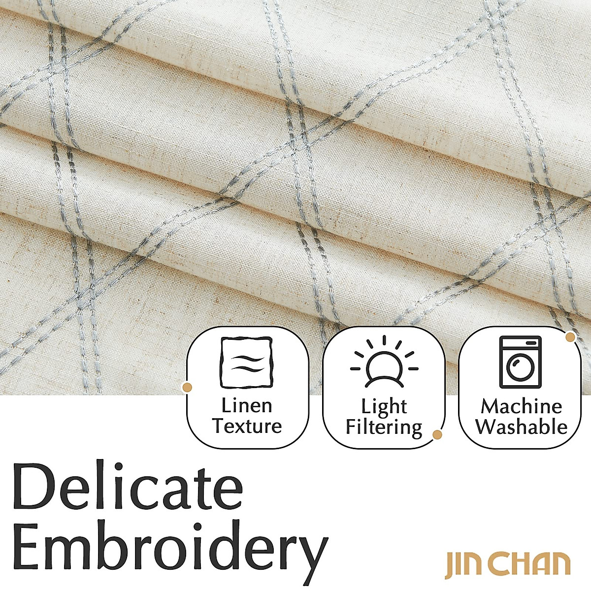 jinchan Linen Curtains for Living Room Grey Diamond Embroidered Curtains Geometric Patterned Window Drapes Flax Window Treatment Set for Bedroom Grommet Curtains 84 Inches Long 2 Panels