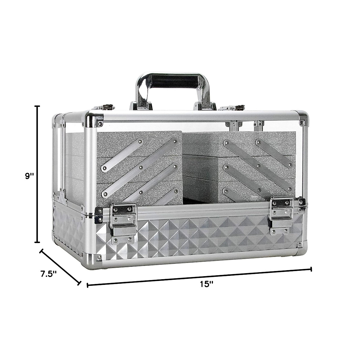 Ver Beauty 3.8mm Armored Acrylic Makeup Case Jewelry Portable Travel Art Craft Tattoo Organizer with 6 Extendable Trays Clear Cover Micro-Fiber Cloth Brush Holders Keylocks, Silver Diamond