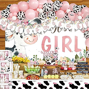Cow Baby Shower Decorations for Girl, Fiesec Pink Farm Cow Themed Baby Shower Decorations Backdrop Balloon Garland Welcome Baby Banner Tablecloth Cake Topper Box Cutout Mom To Be Sash