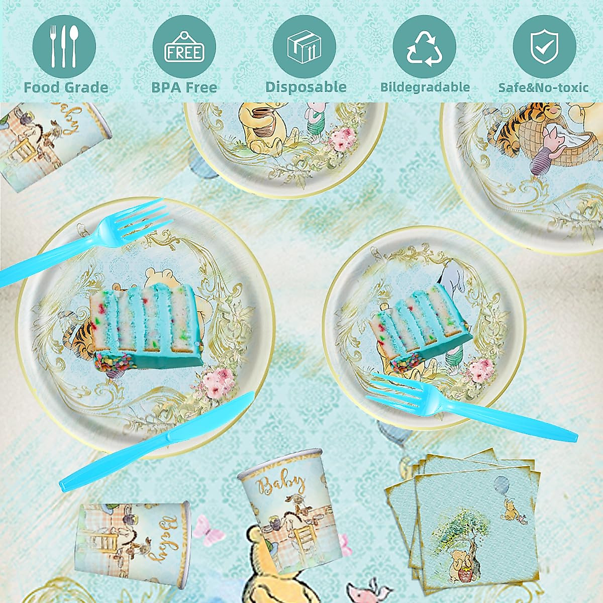 CAILESS Blue Winnie Bear Baby Shower Decorations, 156pcs Classic The Pooh Bear Baby Shower Party Supplies Included Plates Cups Napkins Cutlery Tablecloth Set Serves 25 Guests for Newborn Boy Birthday