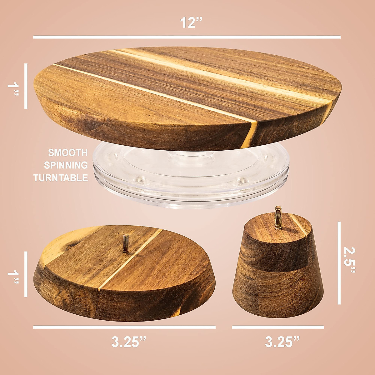 Swivel Convertible Base Acacia Wood Cake Stand, Wedding Cake Stand, Wooden Cake Stands for Snacks and Desserts. Rustic Cake Stand for Cupcakes, and Rustic Cake Stands for Wedding Cakes.