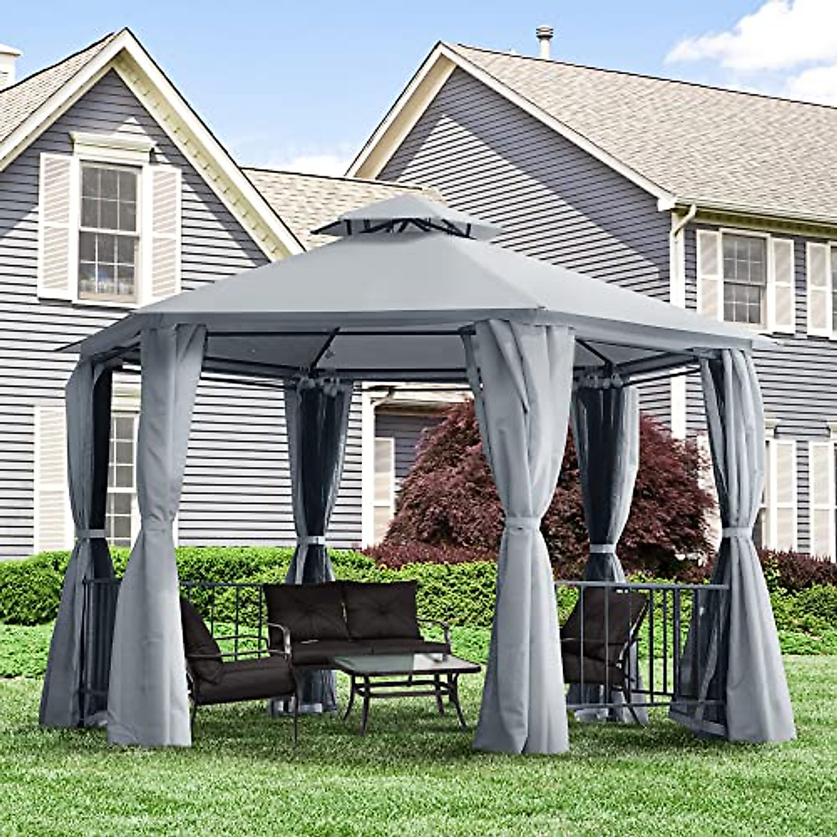 Outsunny 13' x 13' Patio Gazebo, Double Roof Hexagon Outdoor Gazebo Canopy Shelter w/with Netting & Curtains, Solid Steel Frame for Garden, Lawn, Backyard and Deck, Grey