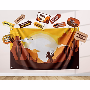 Western Party Decorations - Includes Photography Backdrop & 10 Photo Booth Props with Sticks - Wild West Cowboy Party Banner Birthday Supplies