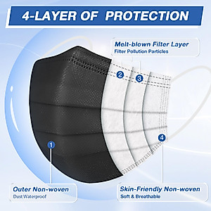 XDX Black Disposable Face Masks, 50 Pack- 4 Layer Individually Wrapped Masks for Women, Men, Unisex Adults, Breathable Black Masks for Adults