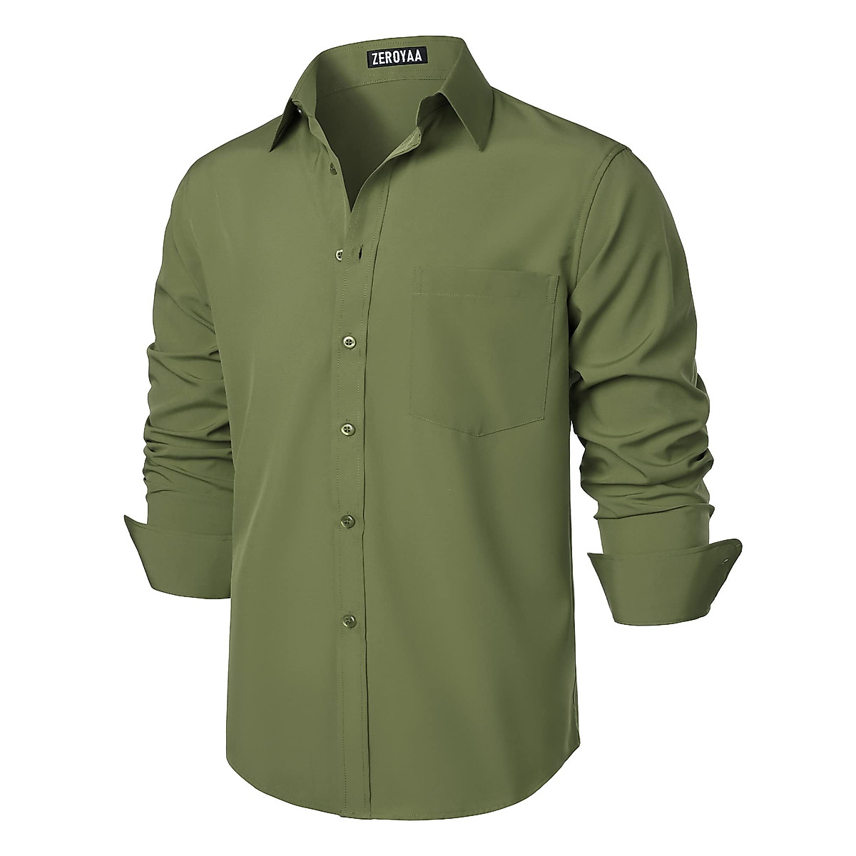 ZEROYAA Men's Regular Fit Dress Shirt Solid Wrinkle-Free Long Sleeve Casual Business Button Up Shirts with Pocket ZSSCL05-Army Green Medium