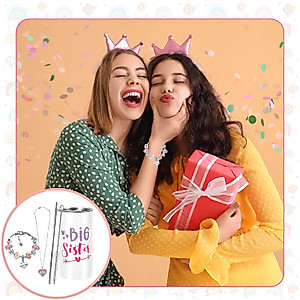 CIXICM 3 Pcs Big Sister Gift 12 oz Pink Sister Cup Stainless Steel Mug Vacuum Insulated Tumbler with Leak Proof Lid and Straw Sister Bracelet Sister Announcement Jewelry for Little Girl
