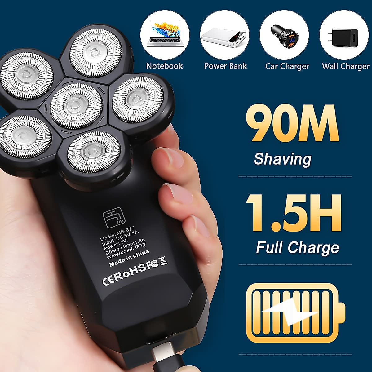 Head Shaver for Men, YBLNTEK 5-in-1 Electric Razor for Men Cordless LED Bald Head Shaver, IPX7 Waterproof 6D Rotary Shaver Grooming Kit with Nose Hair Trimmer, Valentine's Day Gift for Men, Husband