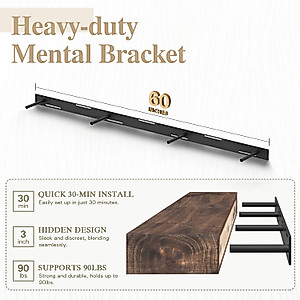 Eshoma Fireplace Mantel, 60 Inch Handcrafted Wood Mantles with Invisible Heavy Duty Metal Bracket, Floating Mantel Shelf for Wall Decor, Brown