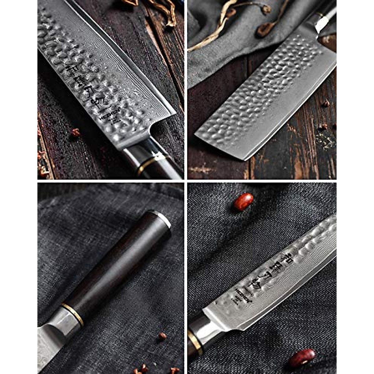 HEZHEN Damascus Steel 7pcs Kitchen Knives Block Set, Multifunctional Kitchen Shears, Professional forging Chef Knife Santoku Nakiri Utility Fruit, Ergonomic Ebony Handle -Classic Series