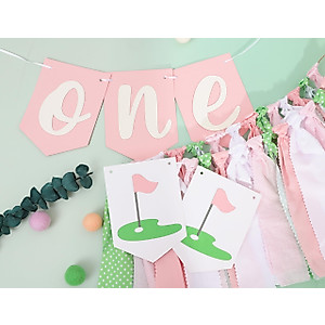 Golf 1st Birthday Decorations For Girls - Hole In One High Chair Banner,Sports Themed First Birthday Photo Props,Golf Pink Green Ribbon One Banner,Baby Girl Smash Cake Backdrop Highchair Banner
