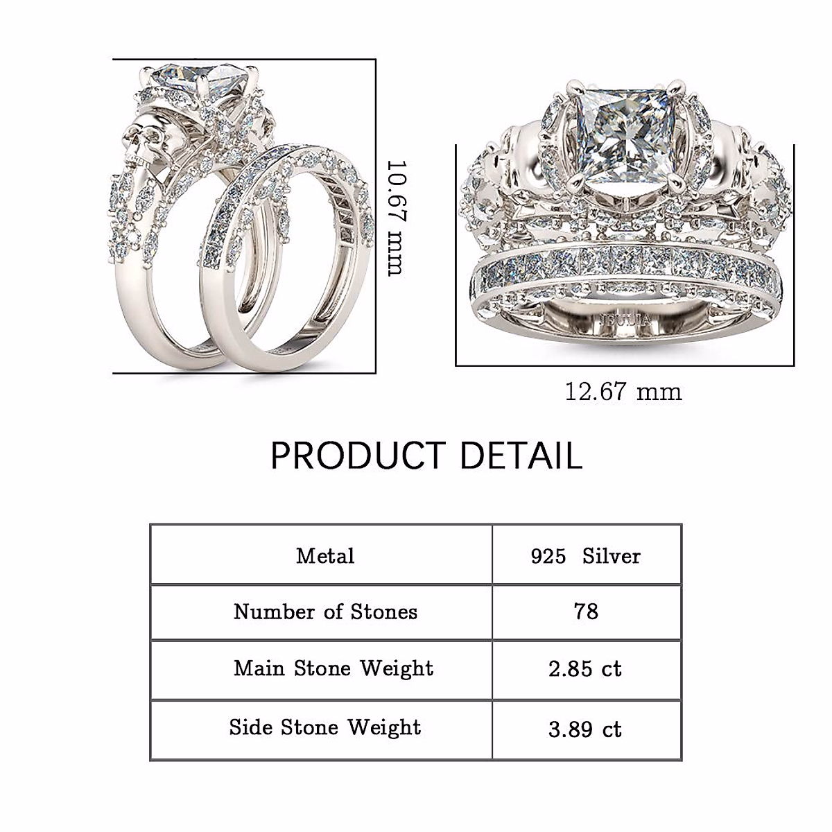 Jeulia Skull Engagement Ring Sets Sterling Silver Promise Eternity Band Rings Diamond Princess Cut with Cubic Zirconia Wedding Engagement Anniversary Promise Rings Bridal Sets (9.0(U.S))