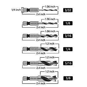 SeonFook 6PCS Stubby Drill Bit Set 1/4-Inch Quick Change Hex Shank 4241 High Speed Steel Woodworking Tool Bits for Drill Set Used in Tight Spaces