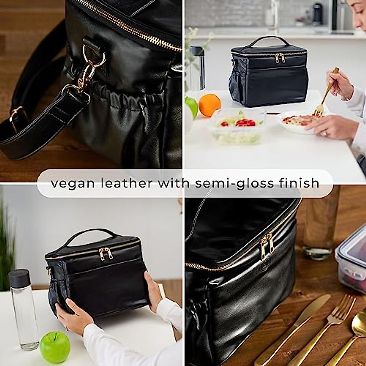 Ella James Insulated Faux Leather Lunch Bag Women Stylish Vegan Lunch Tote, Soft Cooler Bag, Cute Adult Lunchbox for Women, Elegant Fashionable Designer Lunch Bags for Women for Work