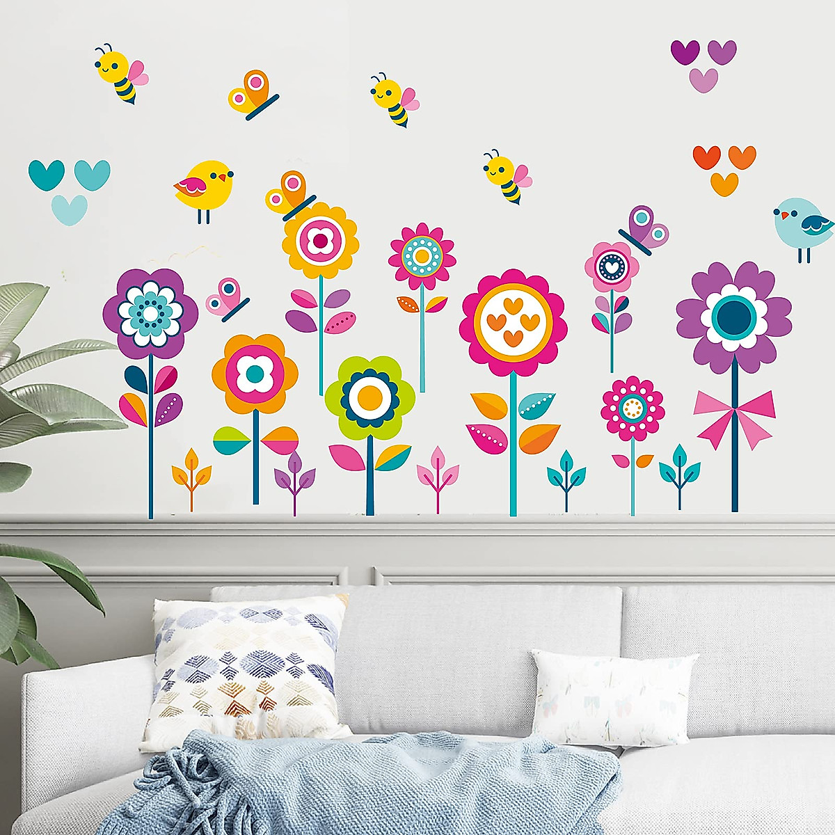 Flowers Wall Stickers for Kids Bedroom -Butterfly Bee Floral Wall Decals for Girls Room,Classroom,Nursery, Playroom- Removable DIY Peel and Stick Wall Art Decor