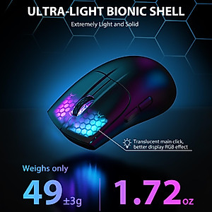 ATTACK SHARK X5 Wireless Gaming Mouse with Tri-Modes BT 5.1/2.4Ghz/USB-C,Lightweight 49g,PAW3212 Optical Sensor,Rechargeable Battery,RGB LED Honeycomb Mice for PC/Tablet/Desktop/Office/Games-Black