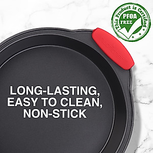 Non Stick Cake Round Pan, Deluxe Gray Carbon Steel Pan with Red Silicone Handles, Quality Metal Bakeware For Cooking & Baking Cake Loaf, Muffins & More, Compatible with Model NCSBS10S