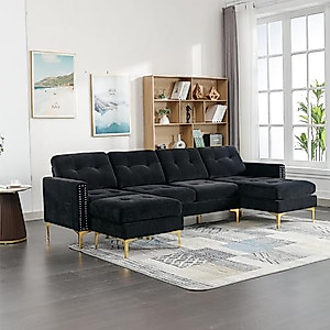 110" U-Shaped Sectional Sofa with Reversible Chaise and Movable Ottoman, 5-Seater Convertible Corner Couch with Side Pockets and Nail Head, Modern Comfy Sofa for Home Office Apartment (Black-021)