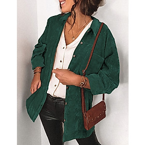 Saslax Womens Corduroy Shirt Long Sleeve Oversized Button Up V Neck Blouses Tops Loose Shacket Jacket with Pockets Green M