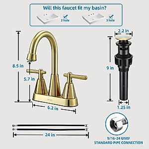 Bathroom Sink Faucet, SBOSBO 4 Inch Bathroom Faucet for Sink 3 Hole, 2 Handle Sink Faucet with Pop Up Drain Assembly and 2 Water Supply Hoses for RV Bathroom Vanity (Brushed Gold)