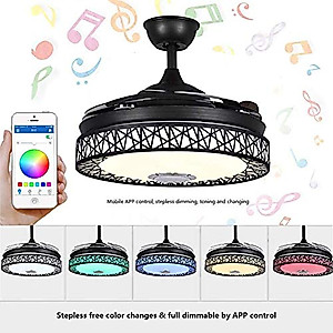 MoreChange 42” Retractable Ceiling Fans with Lights and Remote Control, Invisible Modern Chandelier Fan Lighting with Bluetooth Speaker Play Music 7 Colorful Dimmable Fixture for Bedroom/Living Room